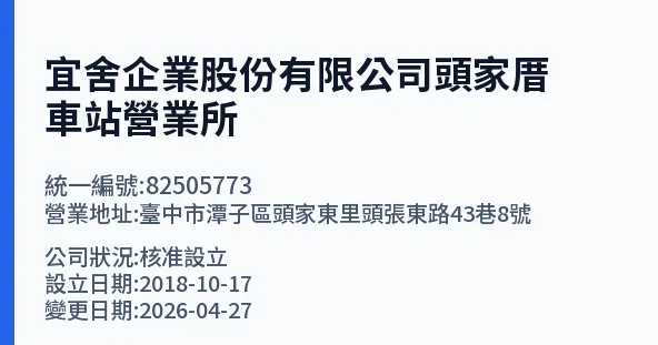 宜舍企業股份有限公司頭家厝車站營業所的照片-統編 82505773(臺中市) 公司登記資料與營業項目詳細圖表