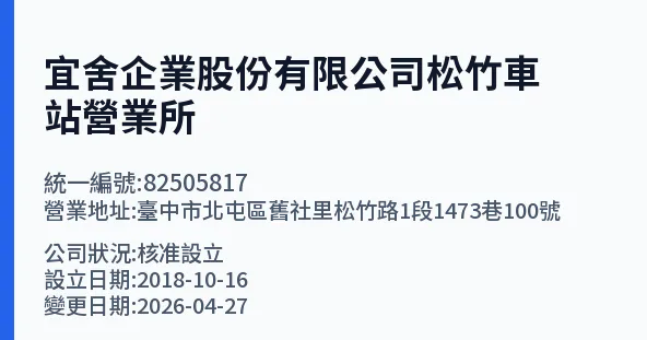 宜舍企業股份有限公司松竹車站營業所的照片-統編 82505817(臺中市) 公司登記資料與營業項目詳細圖表