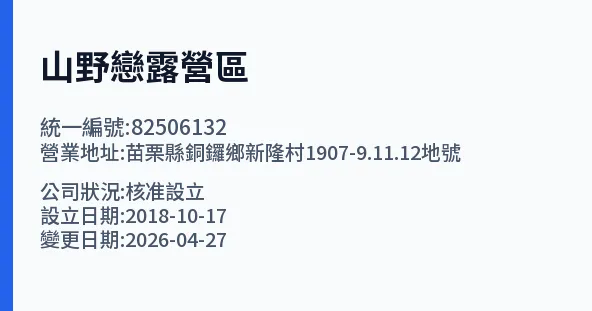 山野戀露營區的照片-統編 82506132(苗栗縣) 公司登記資料與營業項目詳細圖表