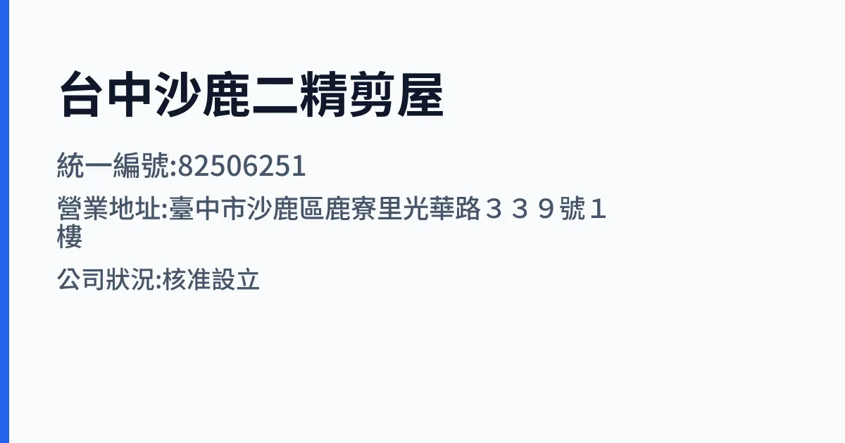 台中沙鹿二精剪屋 - 統編 82506251(臺中市) 公司登記資料與營業項目詳細圖表