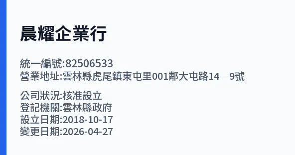 晨耀企業行的照片-統編 82506533(雲林縣) 公司登記資料與營業項目詳細圖表