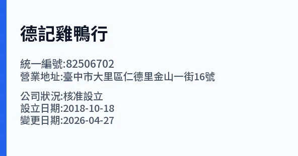 德記雞鴨行的照片-統編 82506702(臺中市) 公司登記資料與營業項目詳細圖表