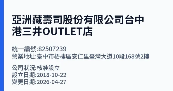亞洲藏壽司股份有限公司台中港三井OUTLET店的照片-統編 82507239(臺中市) 公司登記資料與營業項目詳細圖表
