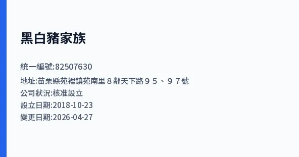 黑白豬家族的照片-統編 82507630(苗栗縣) 公司登記資料與營業項目詳細圖表