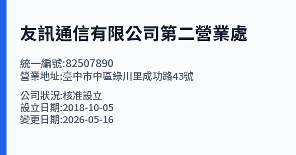 友訊通信有限公司第二營業處的照片-統編 82507890(臺中市) 公司登記資料與營業項目詳細圖表