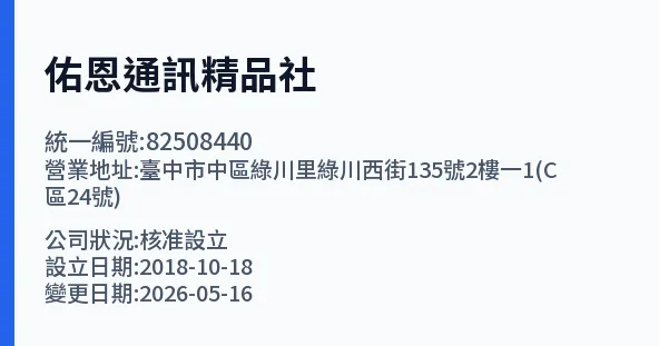 佑恩通訊精品社的照片-統編 82508440(臺中市) 公司登記資料與營業項目詳細圖表