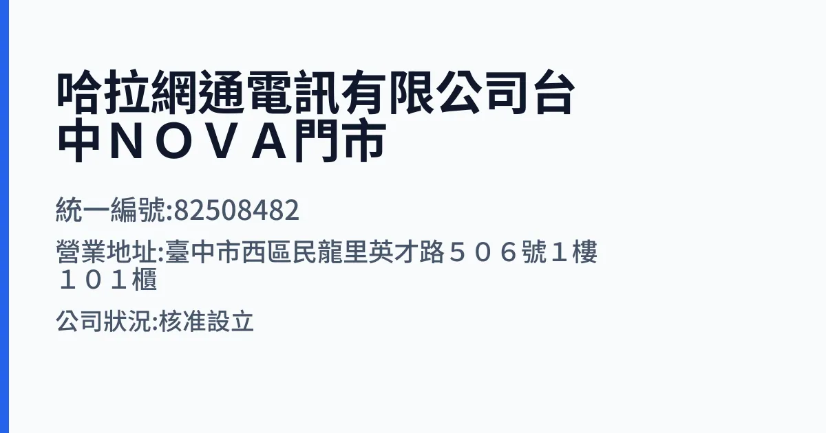 哈拉網通電訊有限公司台中ＮＯＶＡ門市 - 統編 82508482(臺中市) 公司登記資料與營業項目詳細圖表