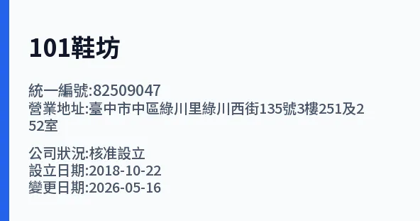 101鞋坊的照片-統編 82509047(臺中市) 公司登記資料與營業項目詳細圖表