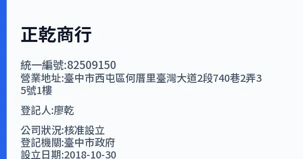 正乾商行的照片-統編 82509150(臺中市) 公司登記資料與營業項目詳細圖表