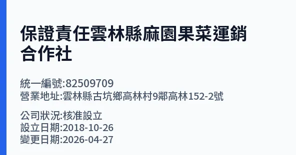 保證責任雲林縣麻園果菜運銷合作社的照片-統編 82509709(雲林縣) 公司登記資料與營業項目詳細圖表