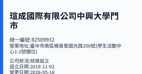 瑄成國際有限公司中興大學門市的照片-統編 82509932(臺中市) 公司登記資料與營業項目詳細圖表