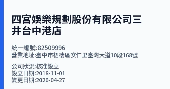 四宮娛樂規劃股份有限公司三井台中港店的照片-統編 82509996(臺中市) 公司登記資料與營業項目詳細圖表