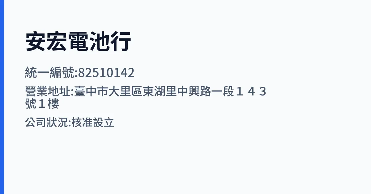 安宏電池行 - 統編 82510142(臺中市) 公司登記資料與營業項目詳細圖表
