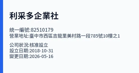 利采多企業社的照片-統編 82510179(臺中市) 公司登記資料與營業項目詳細圖表