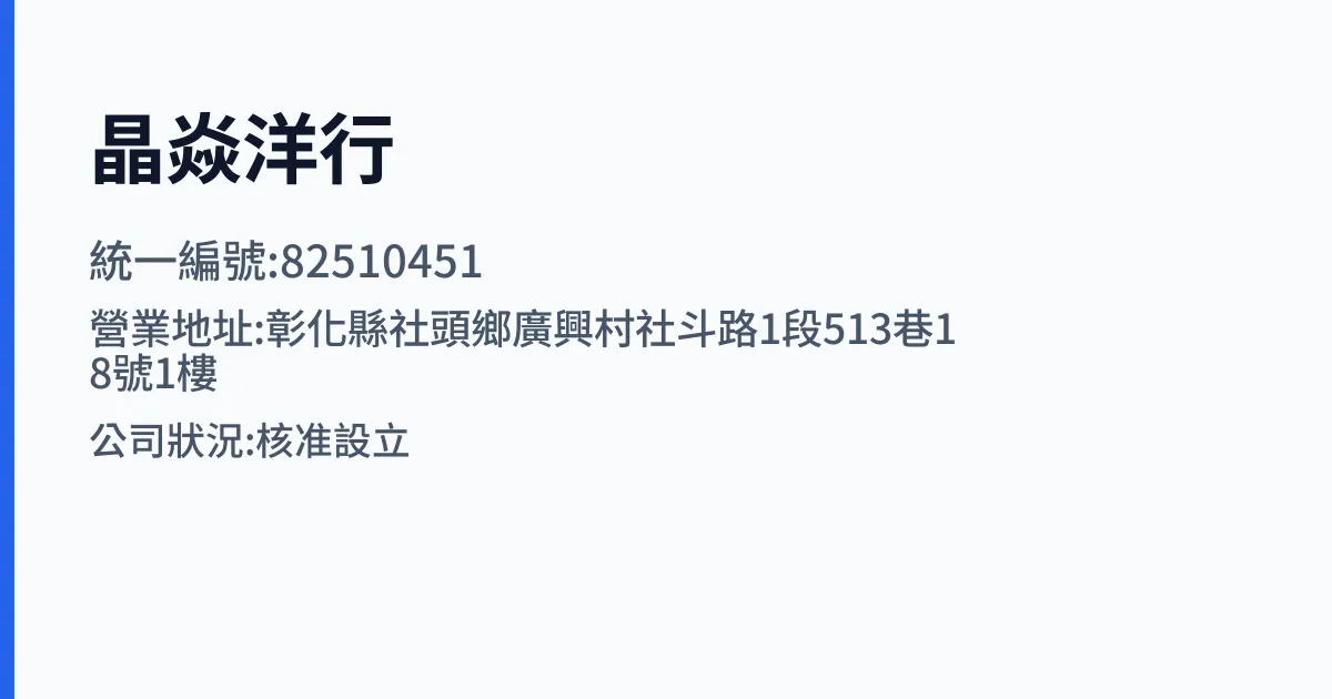 晶焱洋行 - 統編 82510451(彰化縣) 公司登記資料與營業項目詳細圖表