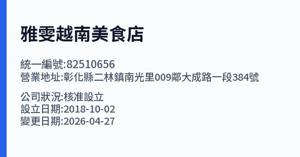 雅雯越南美食店的照片-統編 82510656(彰化縣) 公司登記資料與營業項目詳細圖表