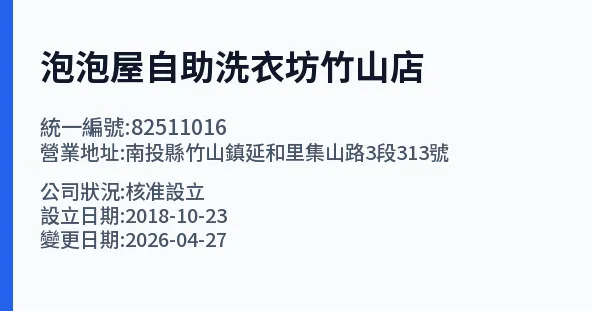 泡泡屋自助洗衣坊竹山店的照片-統編 82511016(南投縣) 公司登記資料與營業項目詳細圖表