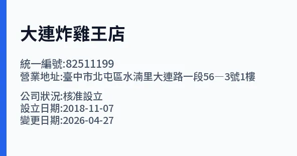 大連炸雞王店的照片-統編 82511199(臺中市) 公司登記資料與營業項目詳細圖表
