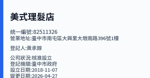 美式理髮店的照片-統編 82511326(臺中市) 公司登記資料與營業項目詳細圖表