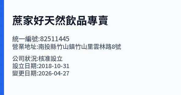 蔗家好天然飲品專賣的照片-統編 82511445(南投縣) 公司登記資料與營業項目詳細圖表