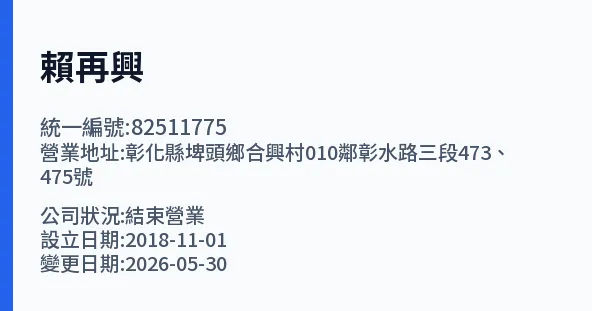 賴再興的照片-統編 82511775(彰化縣) 公司登記資料與營業項目詳細圖表