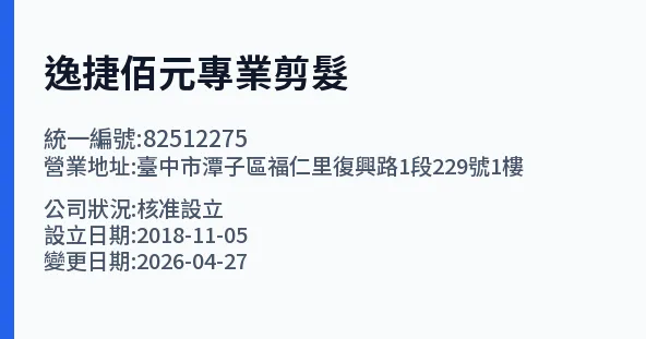 逸捷佰元專業剪髮的照片-統編 82512275(臺中市) 公司登記資料與營業項目詳細圖表