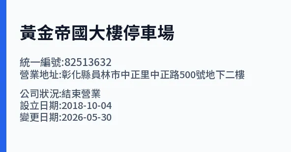 黃金帝國大樓停車場的照片-統編 82513632(彰化縣) 公司登記資料與營業項目詳細圖表