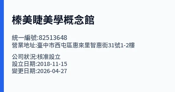 榛美睫美學概念館的照片-統編 82513648(臺中市) 公司登記資料與營業項目詳細圖表