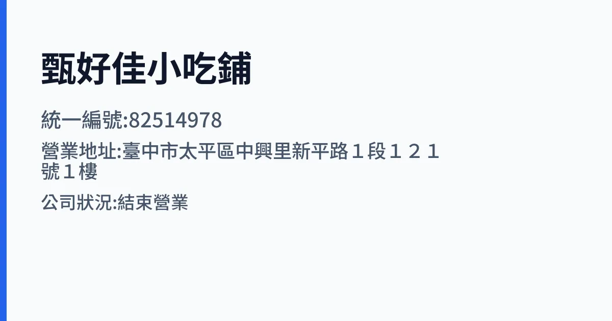 甄好佳小吃鋪 - 統編 82514978(臺中市) 公司登記資料與營業項目詳細圖表