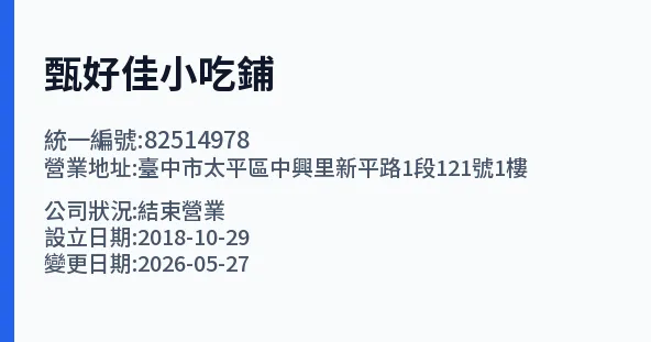 甄好佳小吃鋪的照片-統編 82514978(臺中市) 公司登記資料與營業項目詳細圖表