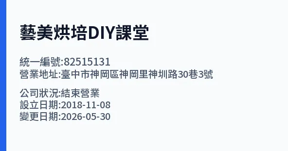 藝美烘培DIY課堂的照片-統編 82515131(臺中市) 公司登記資料與營業項目詳細圖表