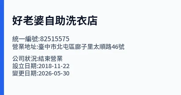 好老婆自助洗衣店的照片-統編 82515575(臺中市) 公司登記資料與營業項目詳細圖表