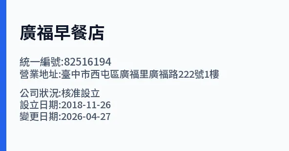 廣福早餐店的照片-統編 82516194(臺中市) 公司登記資料與營業項目詳細圖表