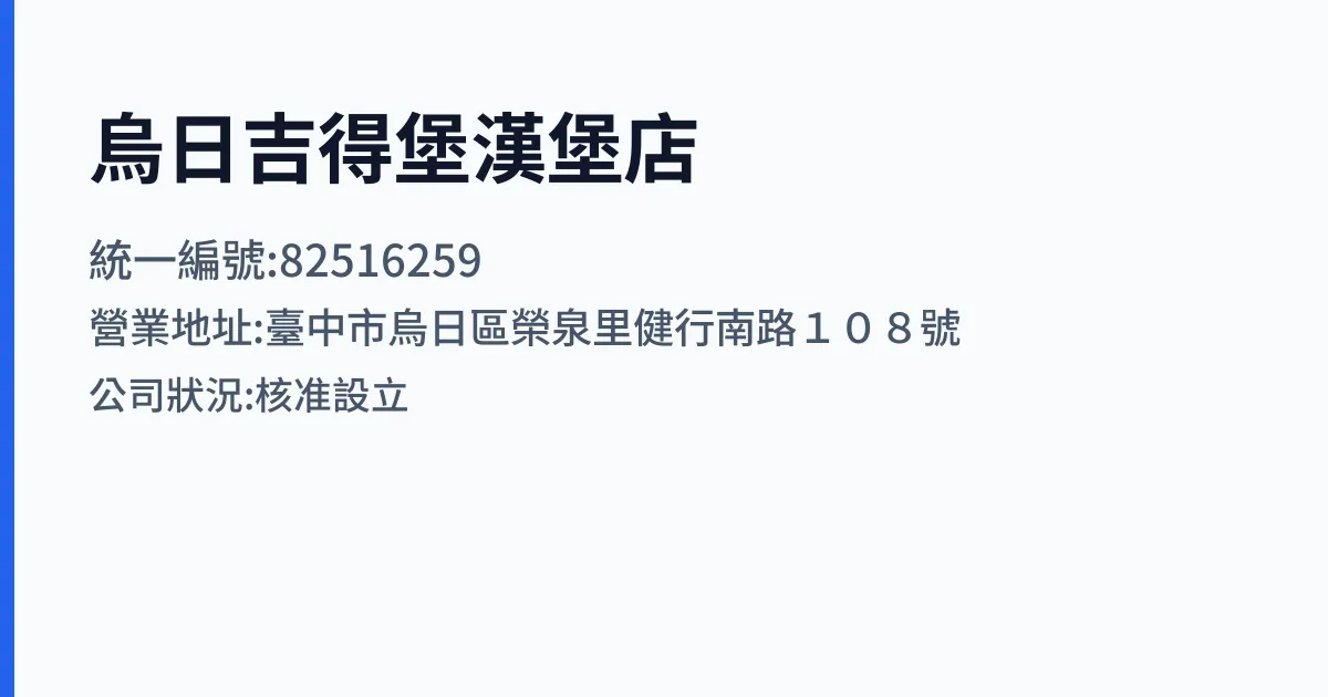 烏日吉得堡漢堡店 - 統編 82516259(臺中市) 公司登記資料與營業項目詳細圖表