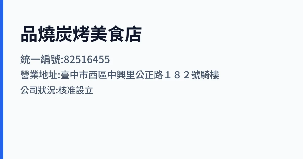 品燒炭烤美食店 - 統編 82516455(臺中市) 公司登記資料與營業項目詳細圖表