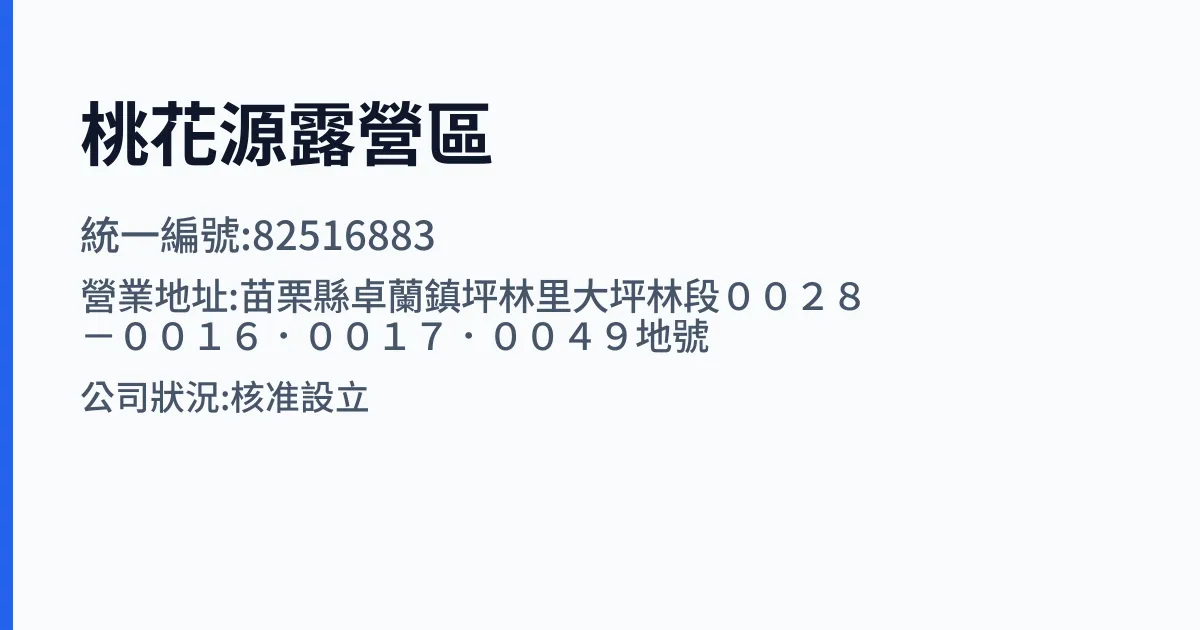 桃花源露營區 - 統編 82516883(苗栗縣) 公司登記資料與營業項目詳細圖表