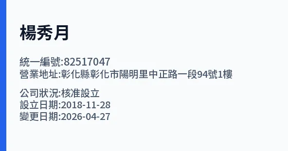 楊秀月的照片-統編 82517047(彰化縣) 公司登記資料與營業項目詳細圖表