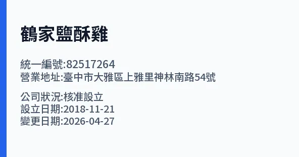 鶴家鹽酥雞的照片-統編 82517264(臺中市) 公司登記資料與營業項目詳細圖表