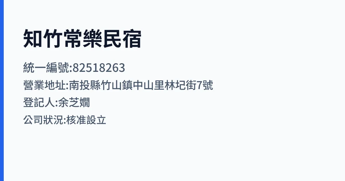 知竹常樂民宿 - 統編 82518263(南投縣) 公司登記資料與營業項目詳細圖表