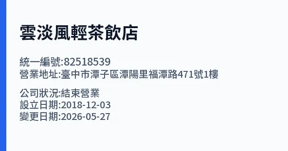 雲淡風輕茶飲店的照片-統編 82518539(臺中市) 公司登記資料與營業項目詳細圖表