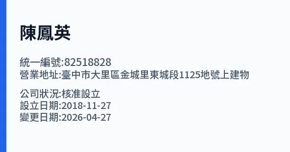 陳鳳英的照片-統編 82518828(臺中市) 公司登記資料與營業項目詳細圖表
