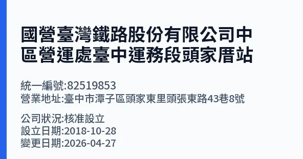 國營臺灣鐵路股份有限公司中區營運處臺中運務段頭家厝站的照片-統編 82519853(臺中市) 公司登記資料與營業項目詳細圖表
