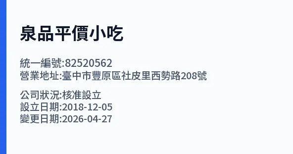 泉品平價小吃的照片-統編 82520562(臺中市) 公司登記資料與營業項目詳細圖表