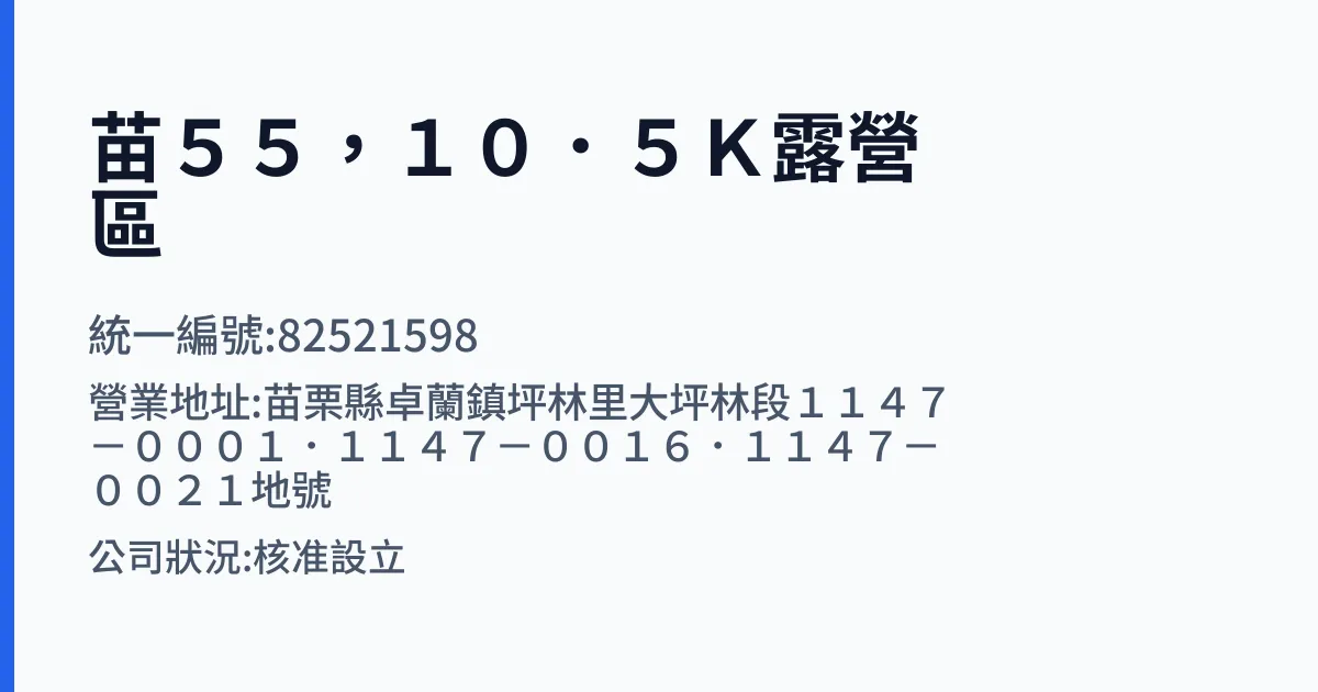 苗55,10.5K露營區 - 統編 82521598(苗栗縣) 公司登記資料與營業項目詳細圖表