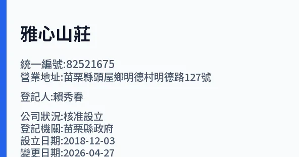 雅心山莊的照片-統編 82521675(苗栗縣) 公司登記資料與營業項目詳細圖表