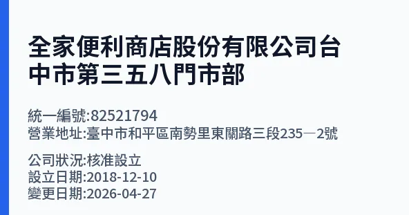全家便利商店股份有限公司台中市第三五八門市部的照片-統編 82521794(臺中市) 公司登記資料與營業項目詳細圖表
