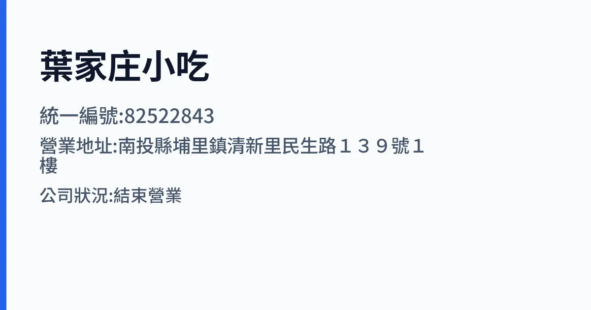 葉家庄小吃 - 統編 82522843(南投縣) 公司登記資料與營業項目詳細圖表