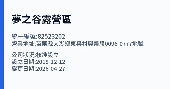 夢之谷露營區的照片-統編 82523202(苗栗縣) 公司登記資料與營業項目詳細圖表