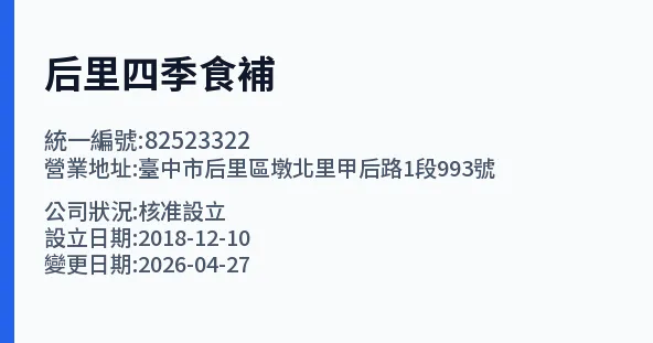 后里四季食補的照片-統編 82523322(臺中市) 公司登記資料與營業項目詳細圖表
