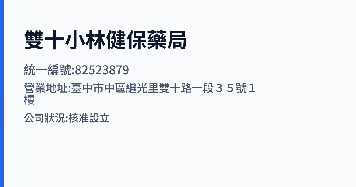 雙十小林健保藥局 - 統編 82523879(臺中市) 公司登記資料與營業項目詳細圖表